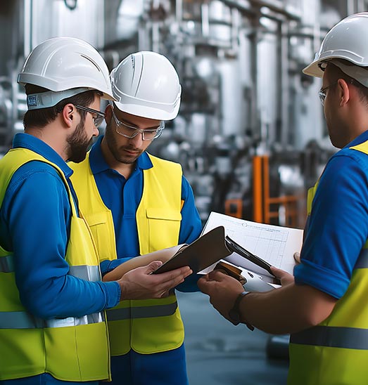 Three workers discussing hazmat action plan